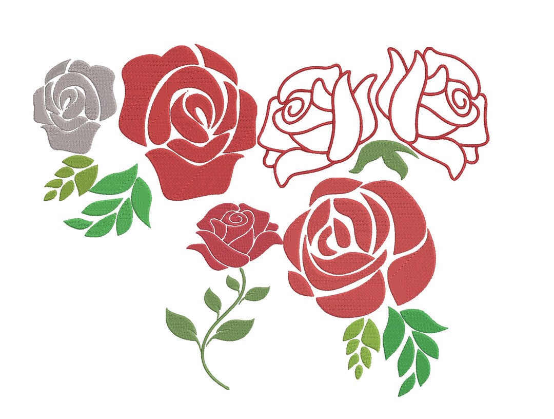 Red Roses Embroidery Design, Rose With Leaves Embroidery Files, Red ...