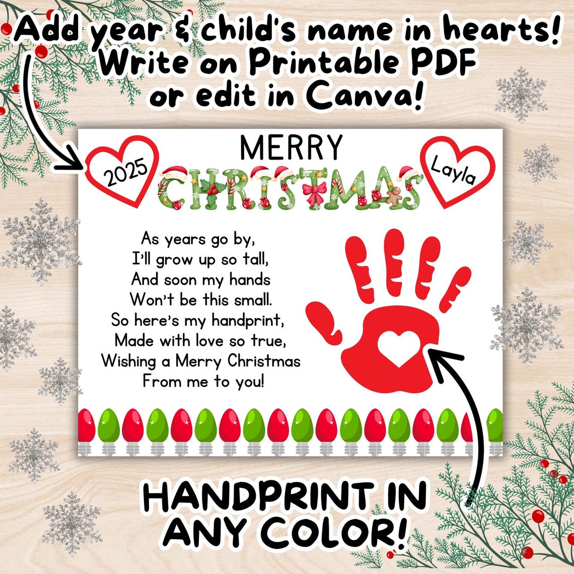 EDITABLE Merry Christmas Poem Handprint Craft, Kindergarten Preschool ...
