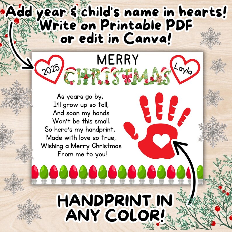 EDITABLE Merry Christmas Poem Handprint Craft, Kindergarten Preschool ...