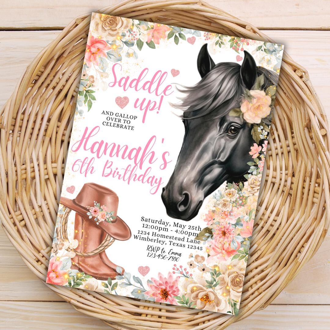Horse Birthday Invitation, Black Horse Invite, Cowgirl Birthday, Horse ...