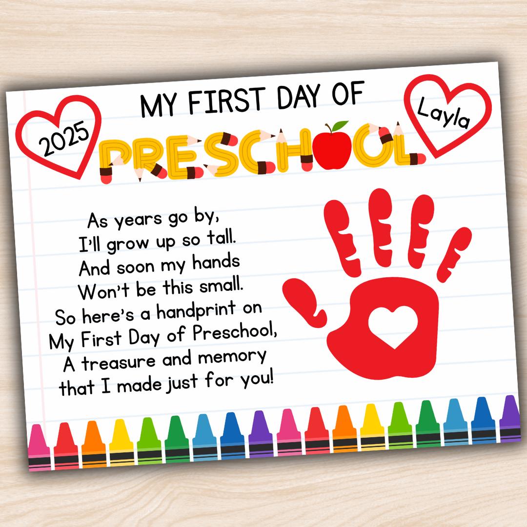 EDITABLE First Day of Preschool Poem Handprint Craft, Kindergarten ...