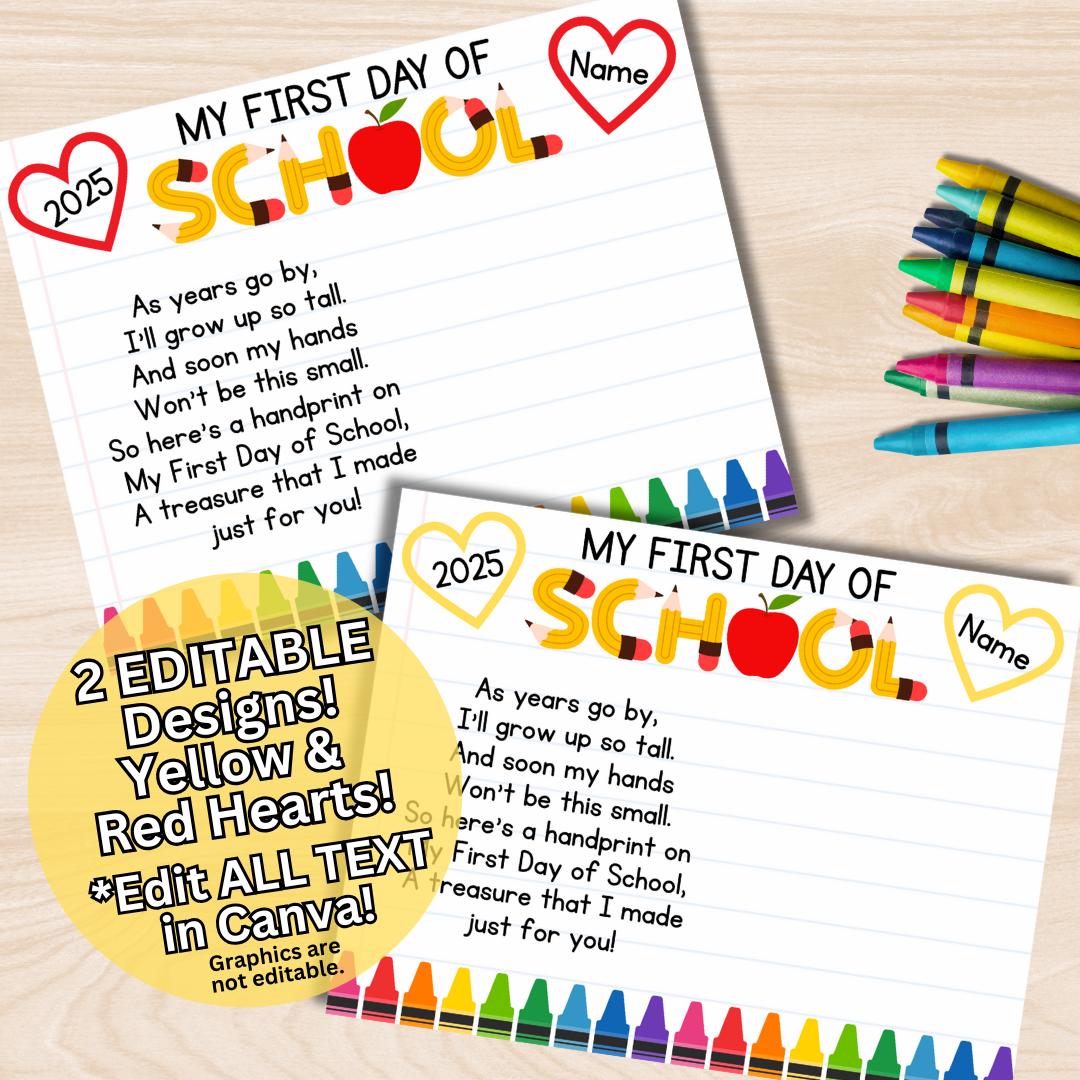 EDITABLE First Day of School Poem Handprint Craft, Kindergarten ...