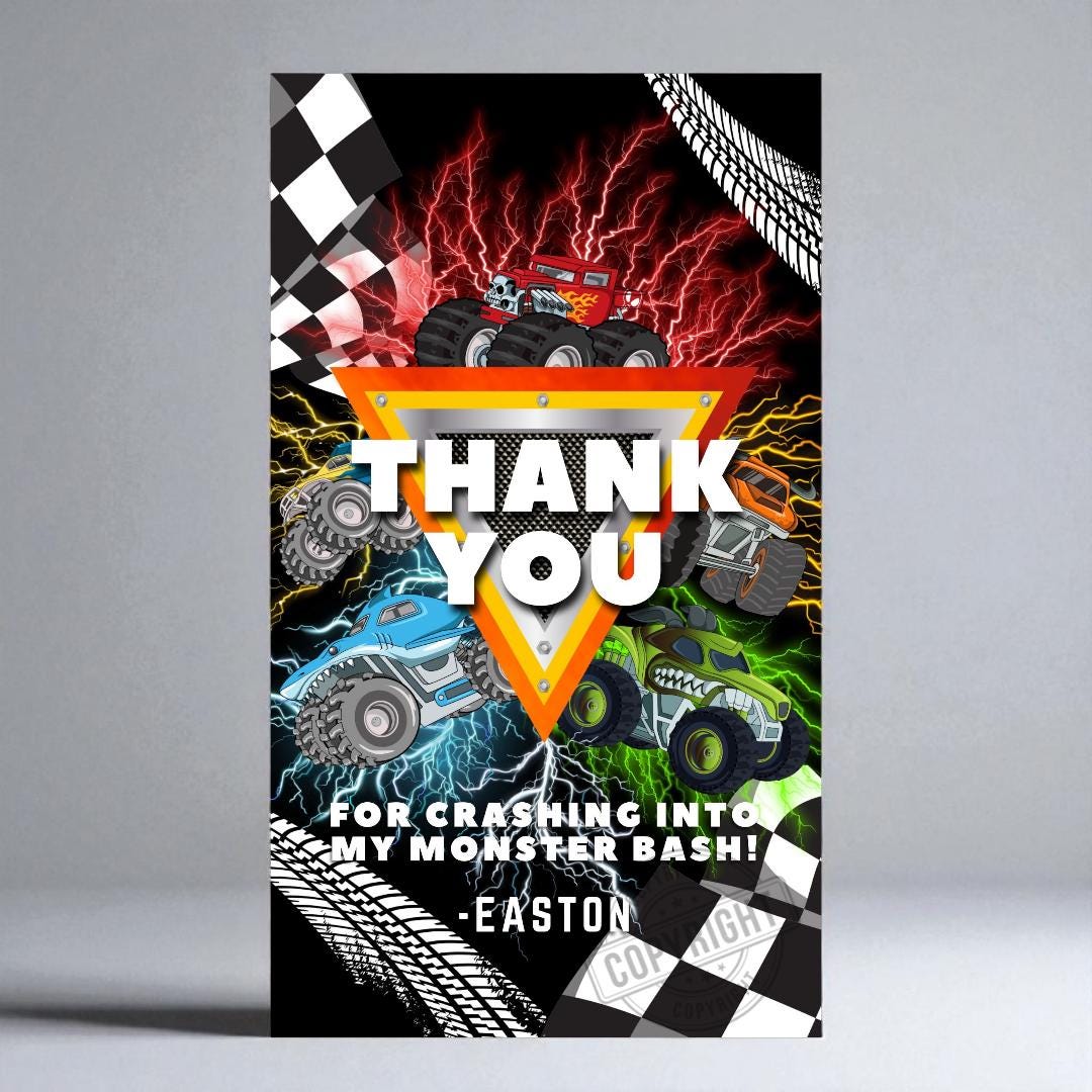 EDITABLE Monster Truck Thank You Tags, Monster Truck Thank You Cards ...