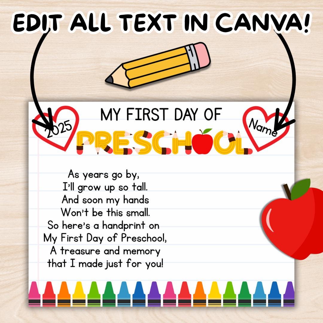 EDITABLE First Day of Preschool Poem Handprint Craft, Kindergarten ...