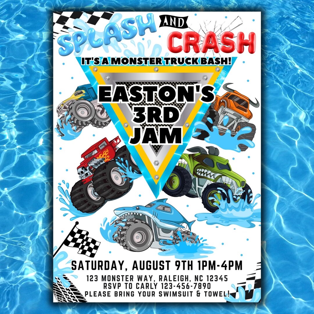 Monster Truck Pool Party Invitation, Monster Truck Birthday Invitation ...