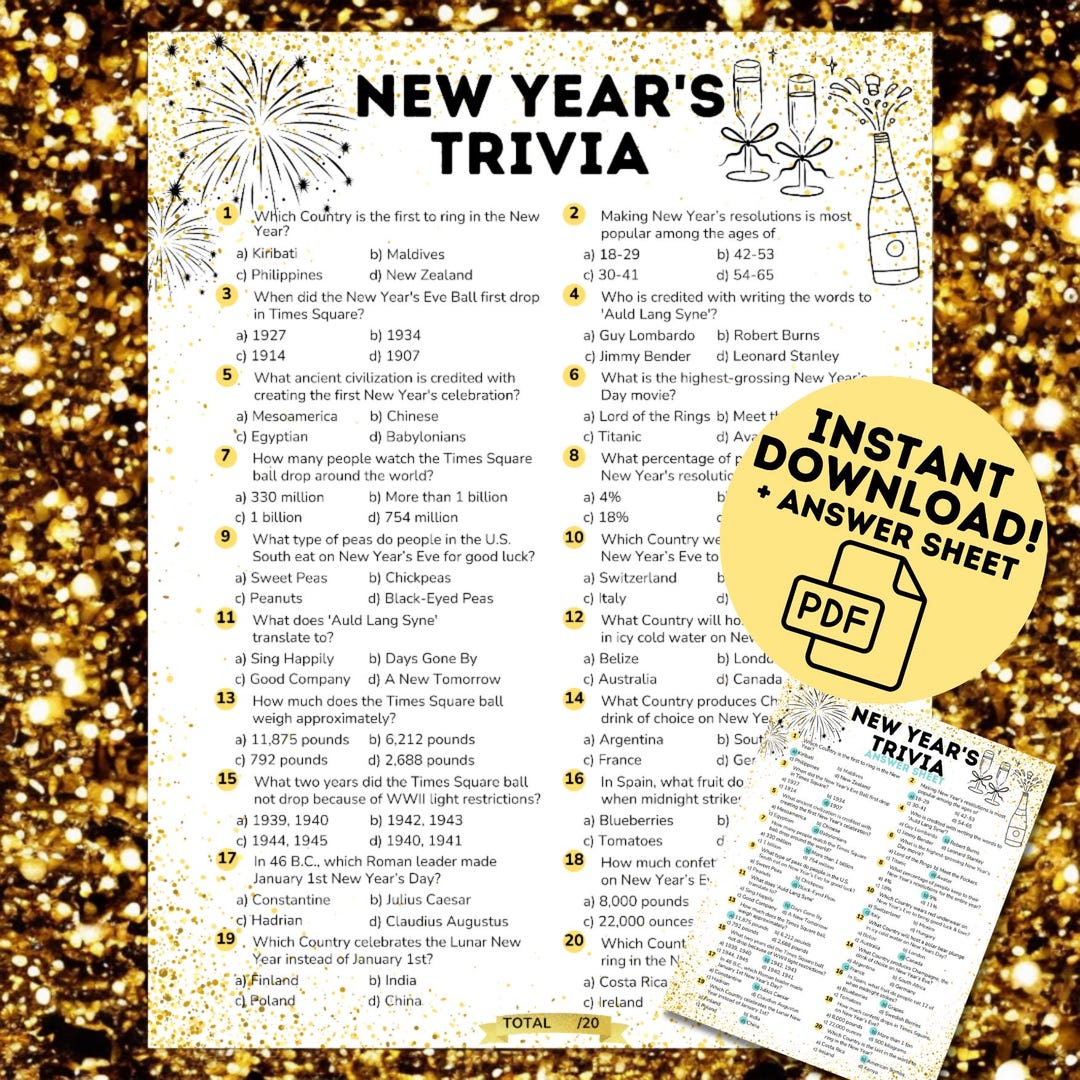 New Year's Eve Game, New Years Trivia Game, Printable New Years Decor ...