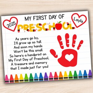 First Day of Preschool Handprint Craft Poem, First Day Kindergarten ...