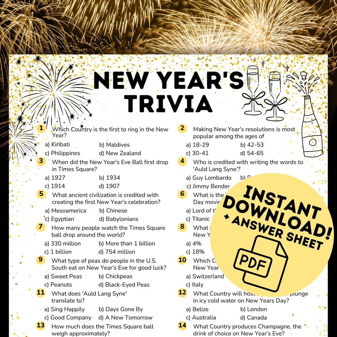 New Year's Eve Game, New Years Trivia Game, Printable New Years Decor ...