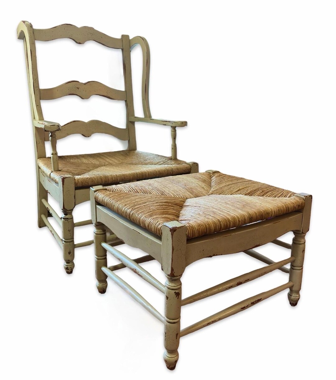 1980s Texas Ranch Wingback Chair and Ottoman Rush Seating Set by ...