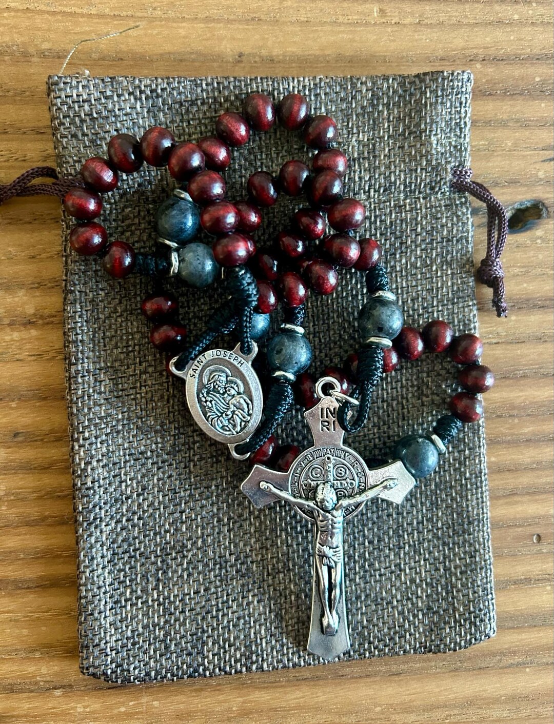 St. Joseph Terror of Demons Rosary With Red and Black Beads, Silver ...