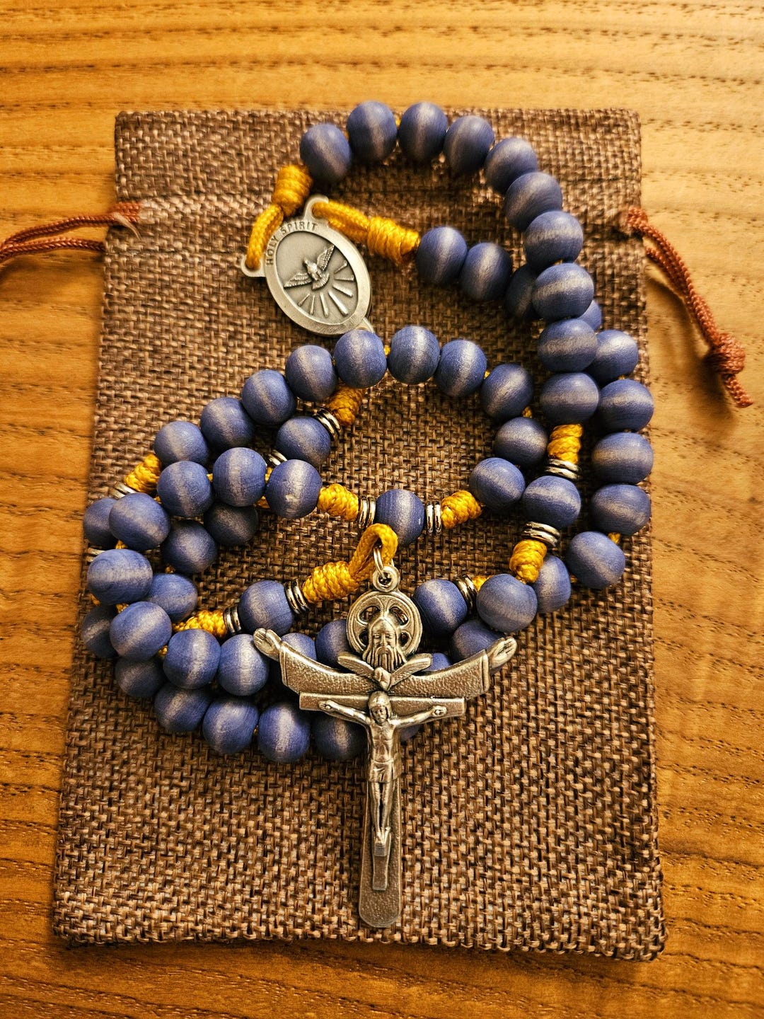 Paradise Rosary With Blue Beads, Trinity Silver Crucifix and Holy ...