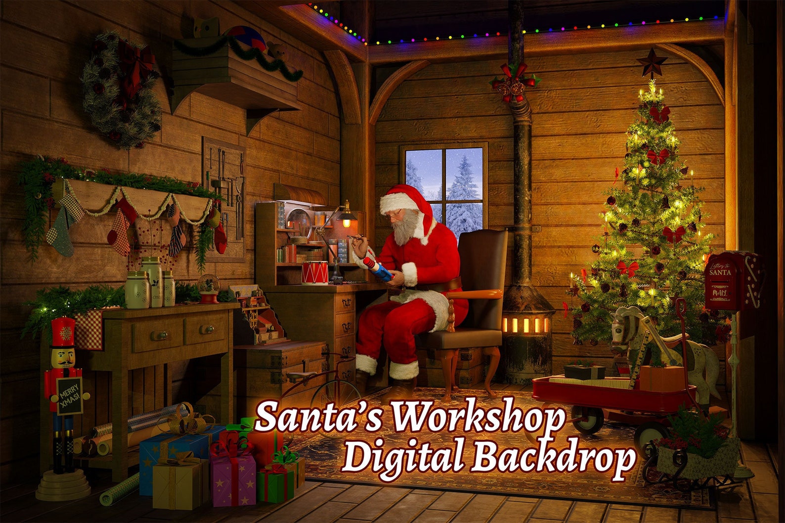 Digital Backdrop - Santa's Workshop Christmas Scene With Santa, Holiday ...
