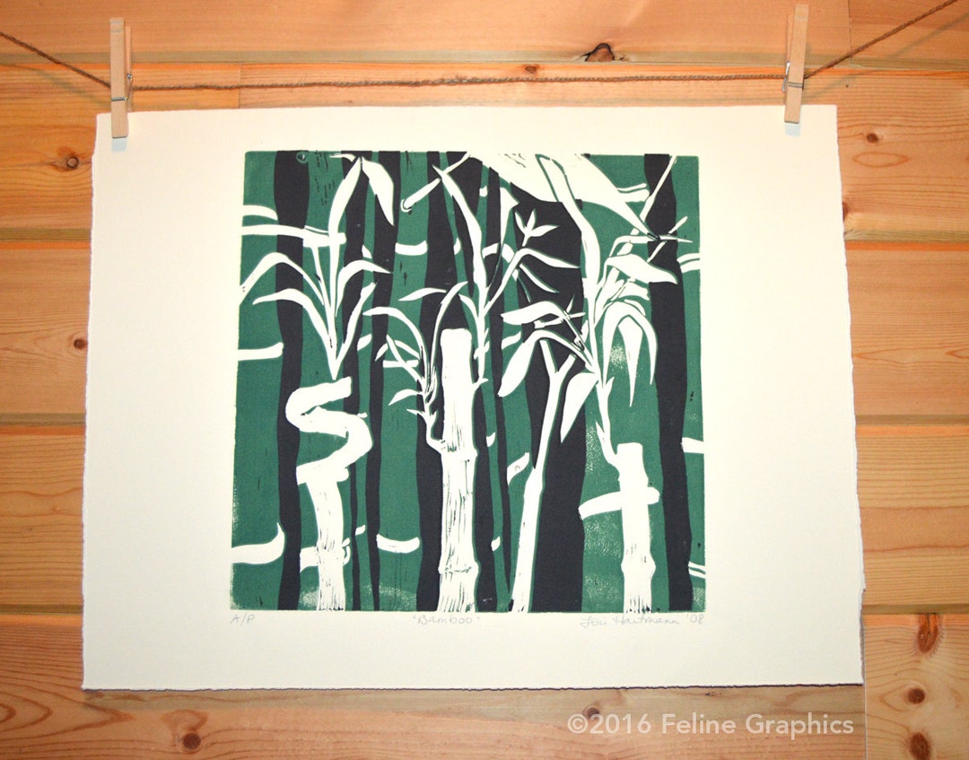 Bamboo 2 Color Linocut Print - Etsy