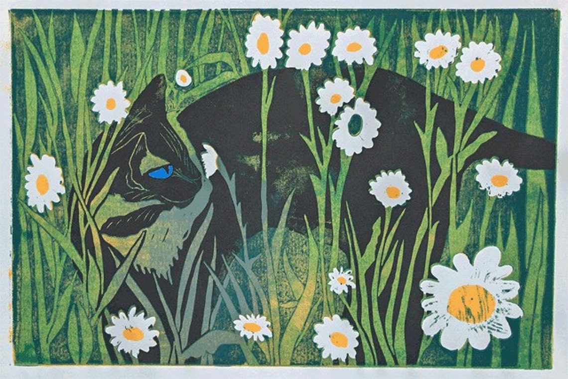 Siamese Cat in Daisies Linoleum Block Print, Cat Print, Home Decor ...