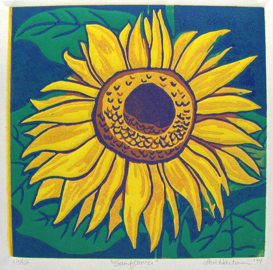 Sunflower Linoleum Block Print, Sunflower Art, Linocut, Fine Art Print ...