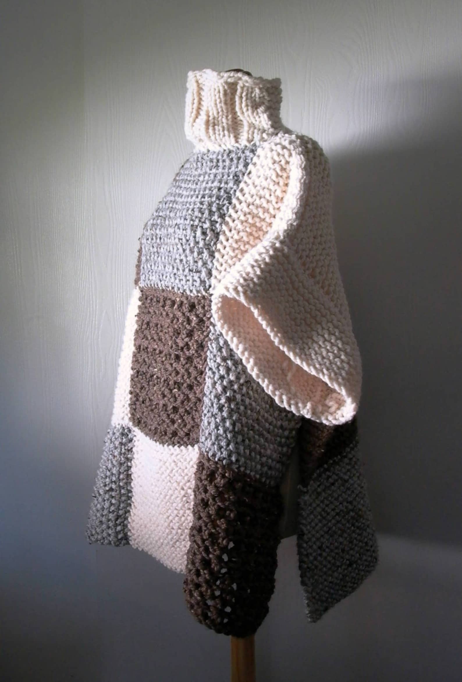 Patchwork Poncho Knitting Pattern . Chunky Knit Oversized Turtleneck ...