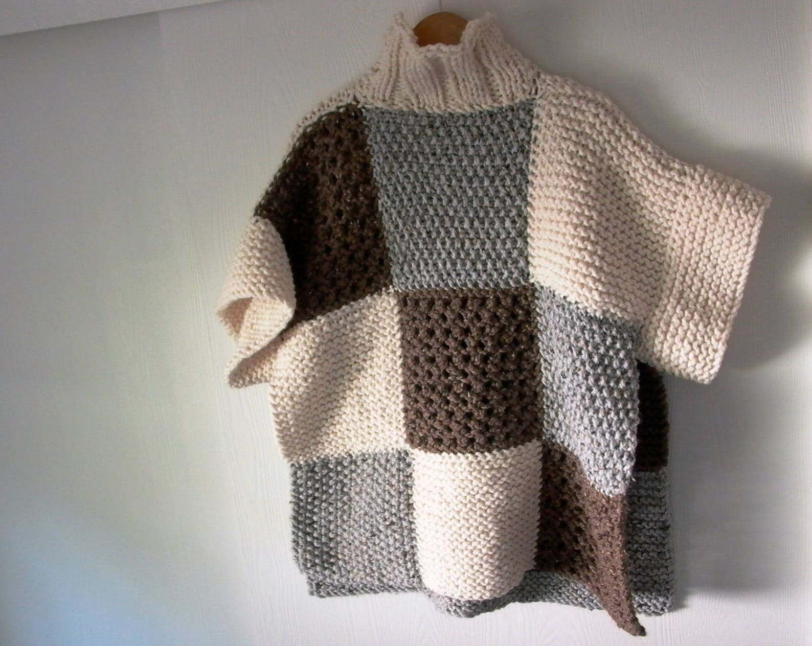 Patchwork Poncho Knitting Pattern . Chunky Knit Oversized Turtleneck ...