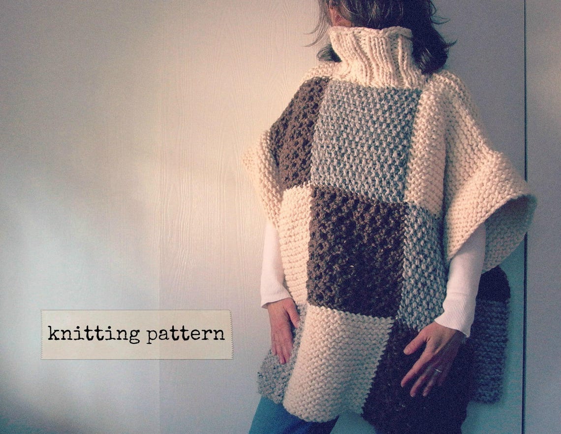 Patchwork Poncho Knitting Pattern . Chunky Knit Oversized Turtleneck ...