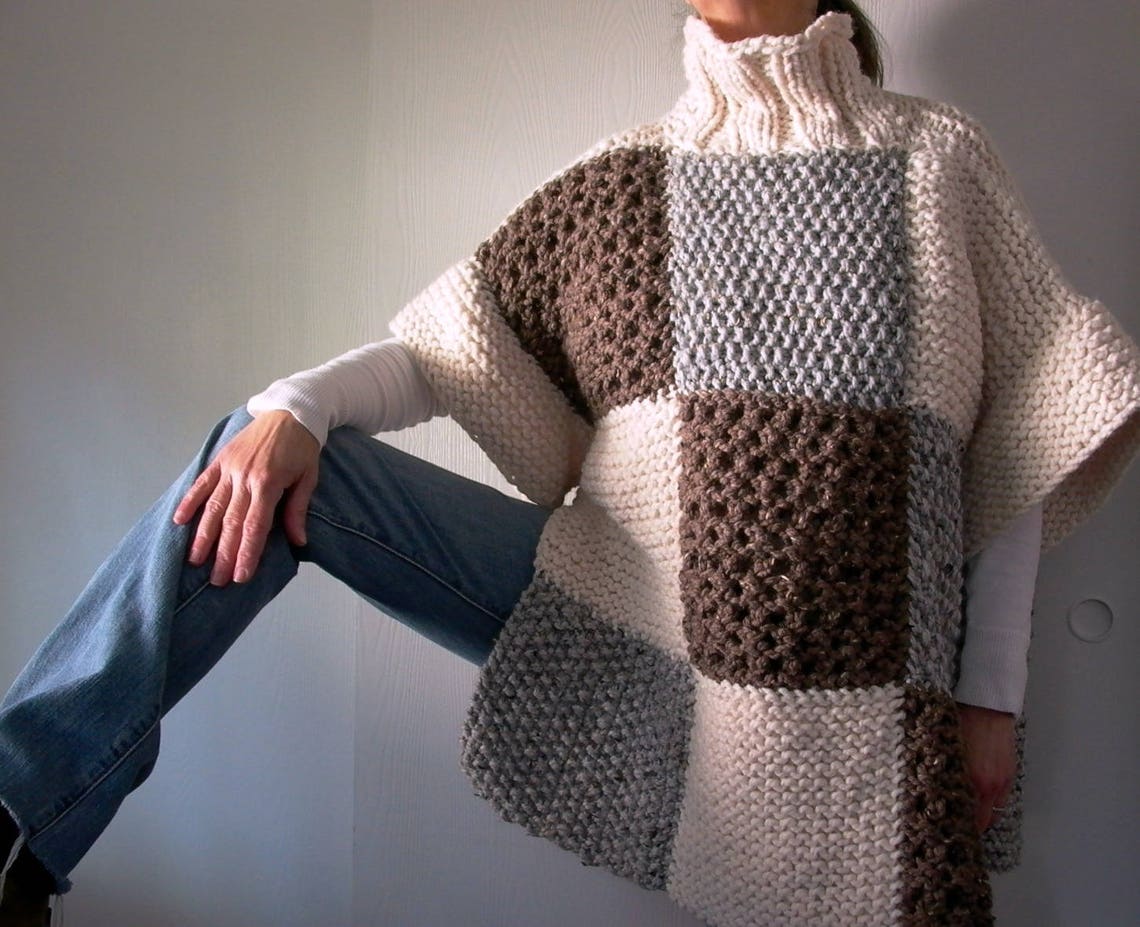 Patchwork Poncho Knitting Pattern . Chunky Knit Oversized Turtleneck ...