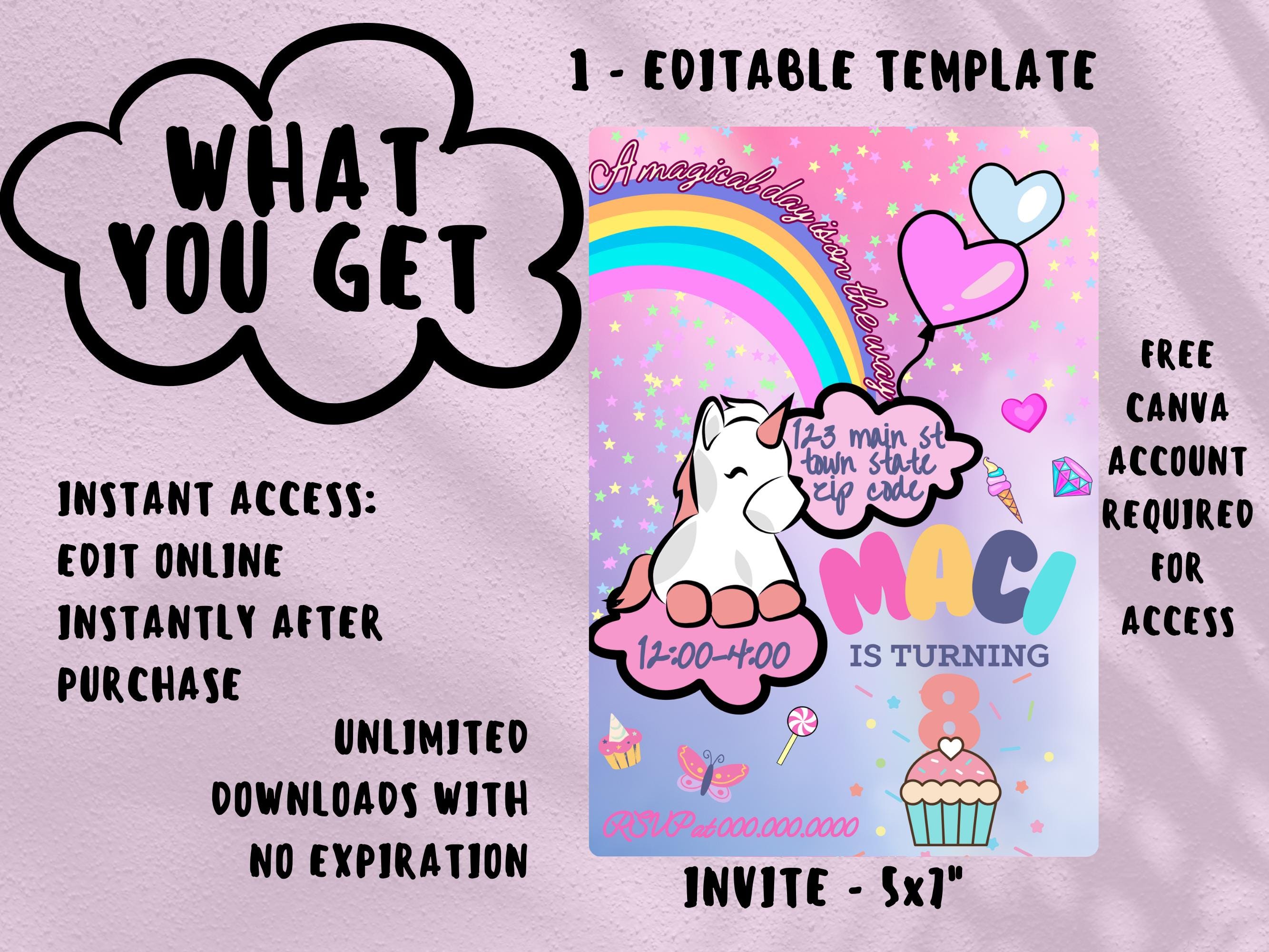 Editable Rainbow Unicorn Birthday Party Invitation Template, Printable ...