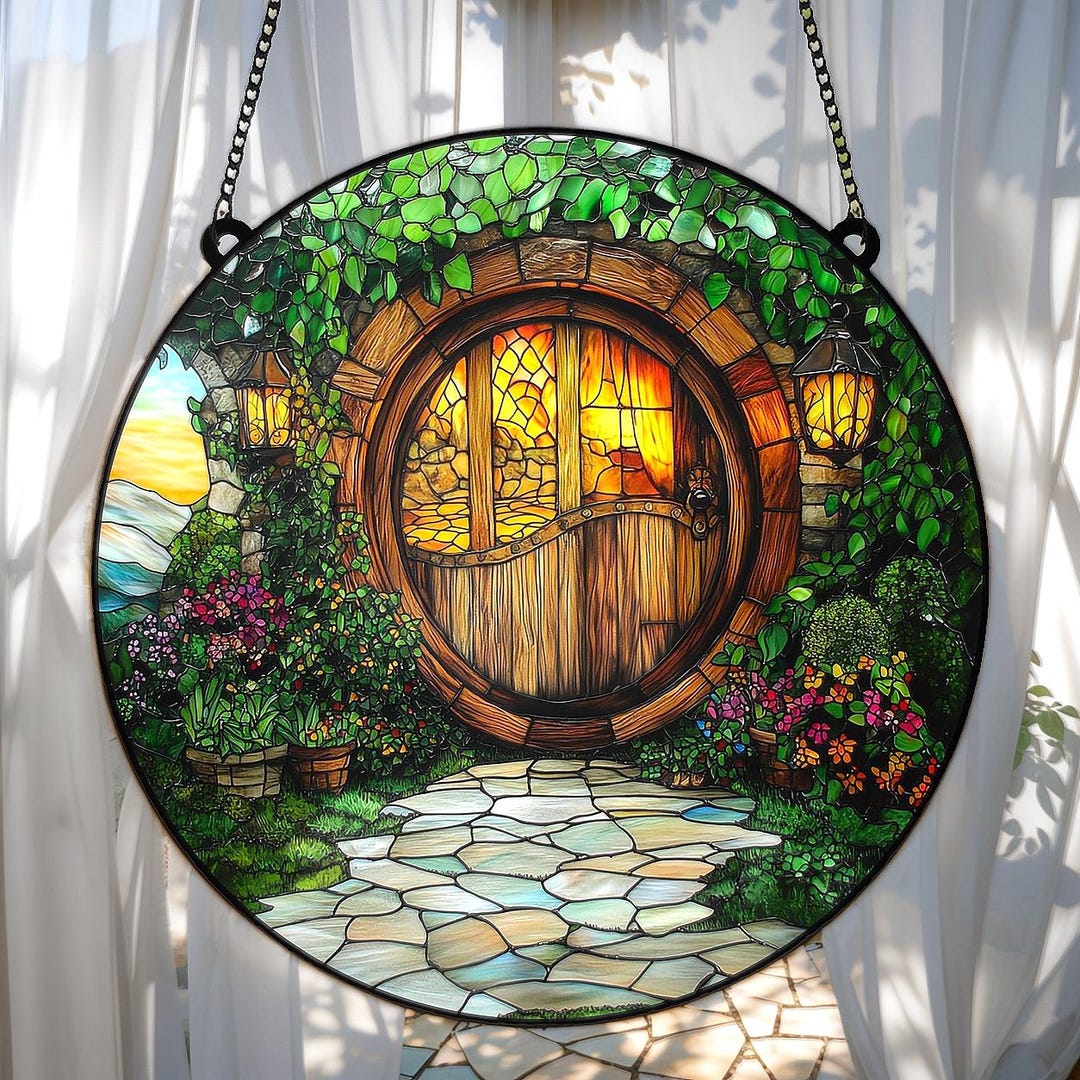 Hobbit Door Stained Glass Suncatcher - Round Fantasy Window Decor ...