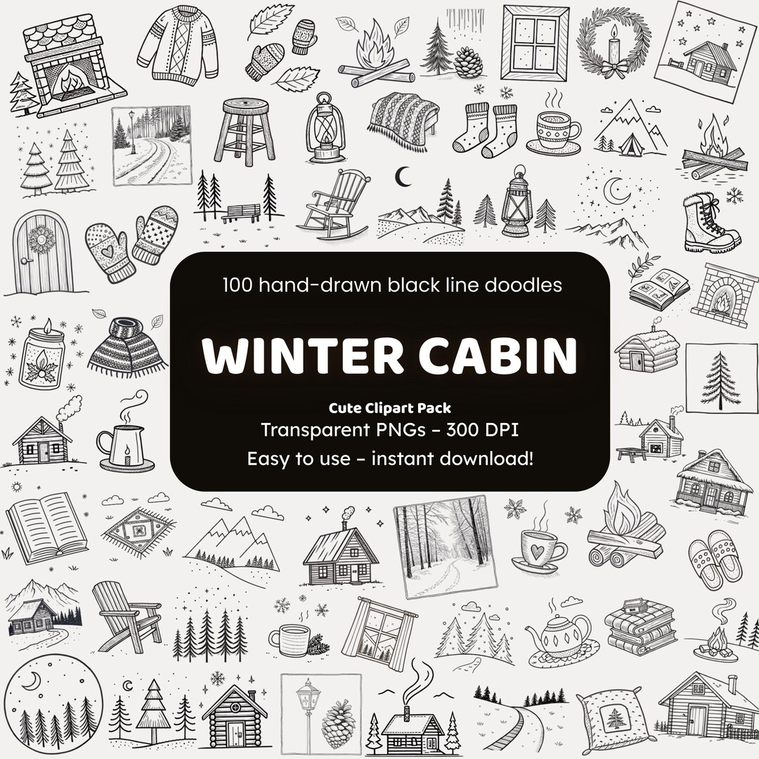 Winter Cabin Doodle Clipart | 100 Hand-drawn PNG Icons | Black Line Art ...