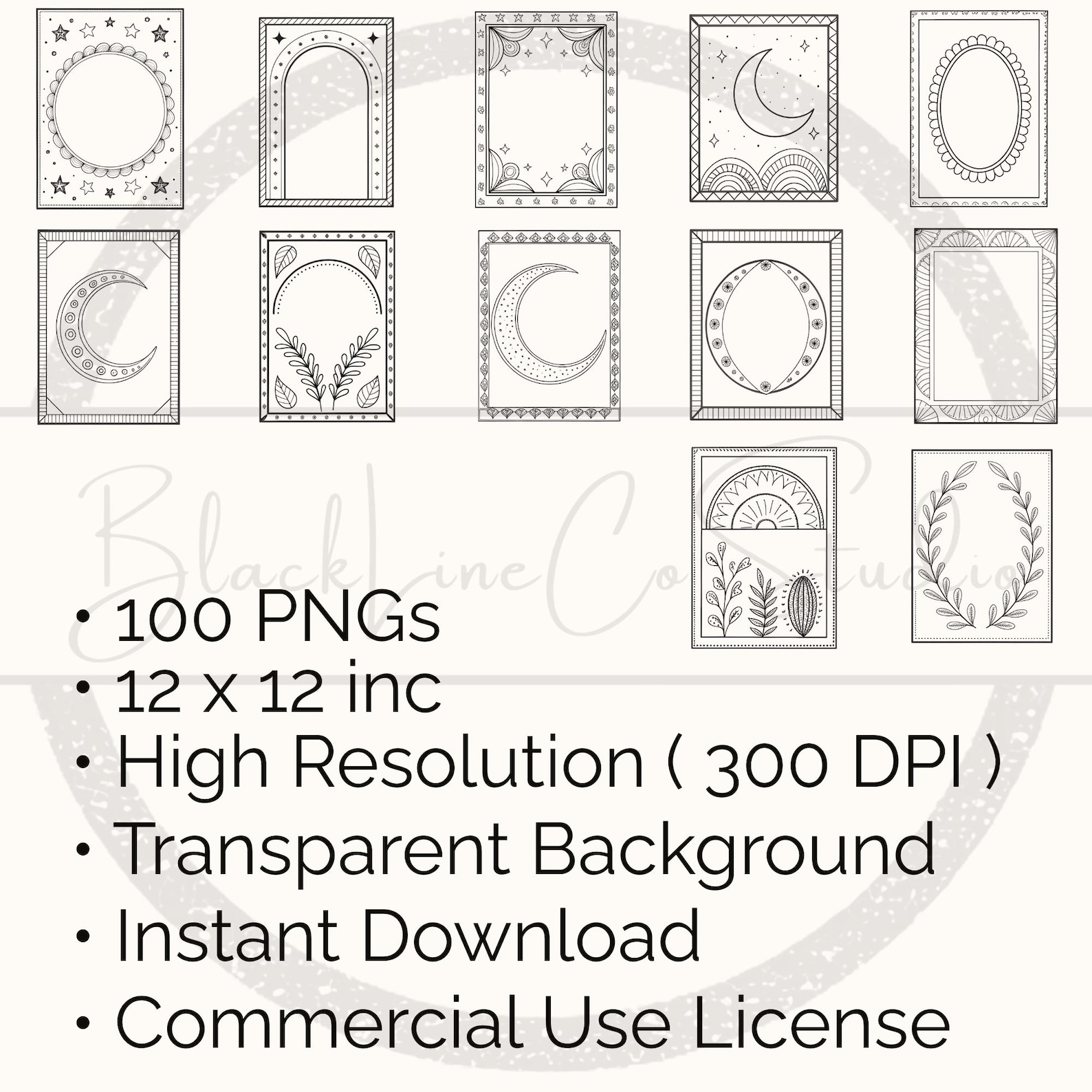 Boho Doodle Frames Clipart: Hand-drawn PNG Border Icons (digital ...