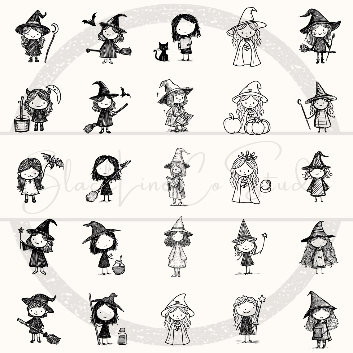 Witchy Girl Halloween Clipart Doodles: 100 Black Line Hand-drawn Pngs ...