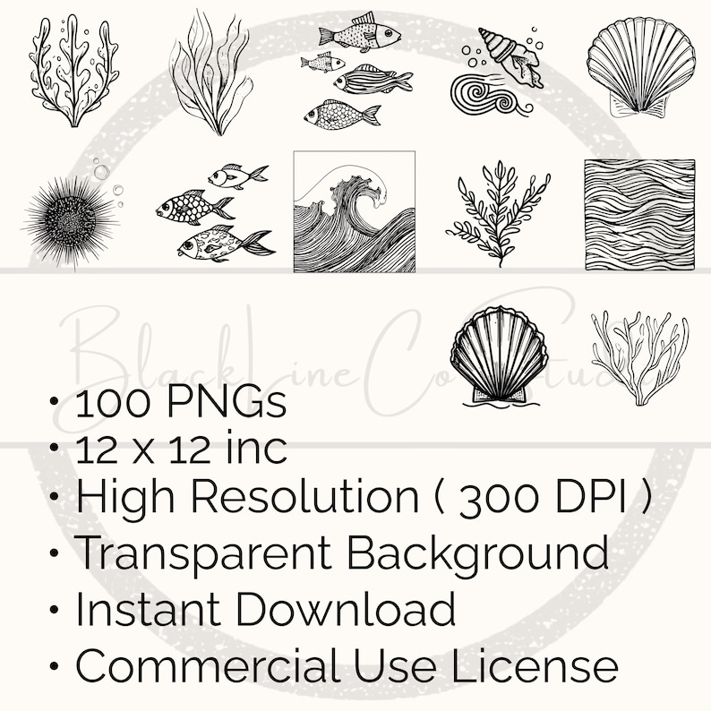 Ocean & Marine Life Clipart | 100 Hand-drawn Black Line Doodles PNG ...