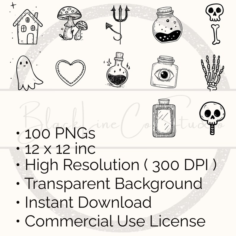 Halloween Black Line Clipart Bundle: Hand-drawn Doodles (PNG, 12x12in ...
