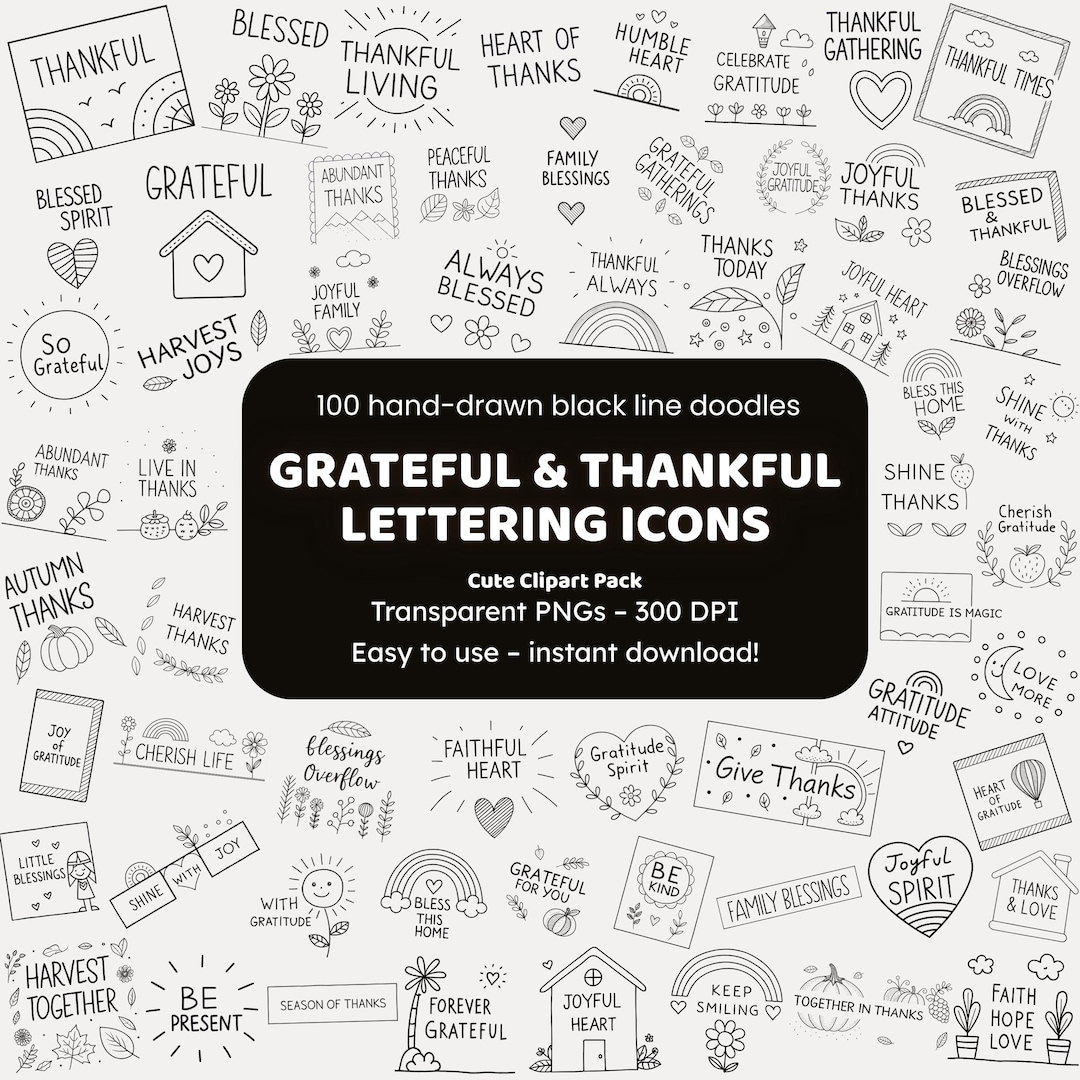 Grateful & Thankful Lettering Doodle Clipart | 100 Hand-drawn PNG Icons ...