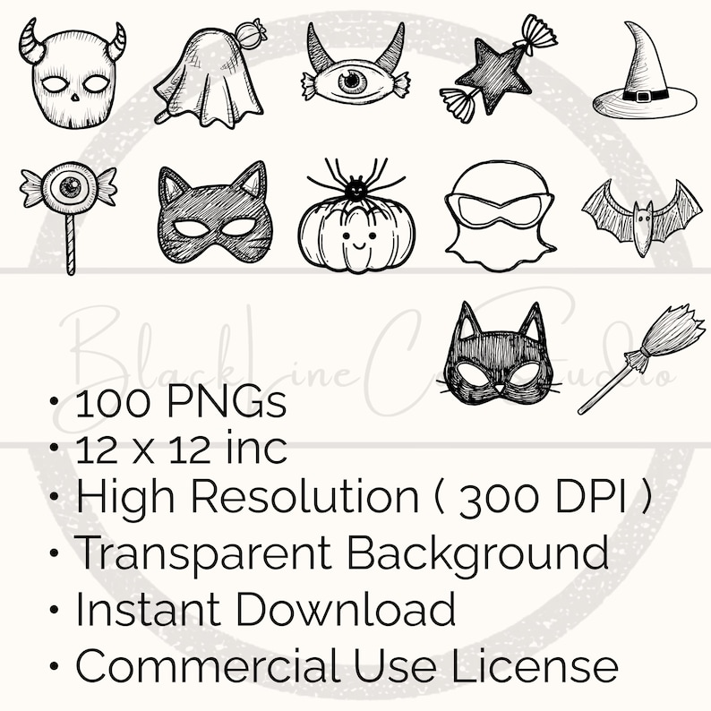 Halloween Costume Doodles Clipart: 100 Black Line Pngs (commercial Use ...