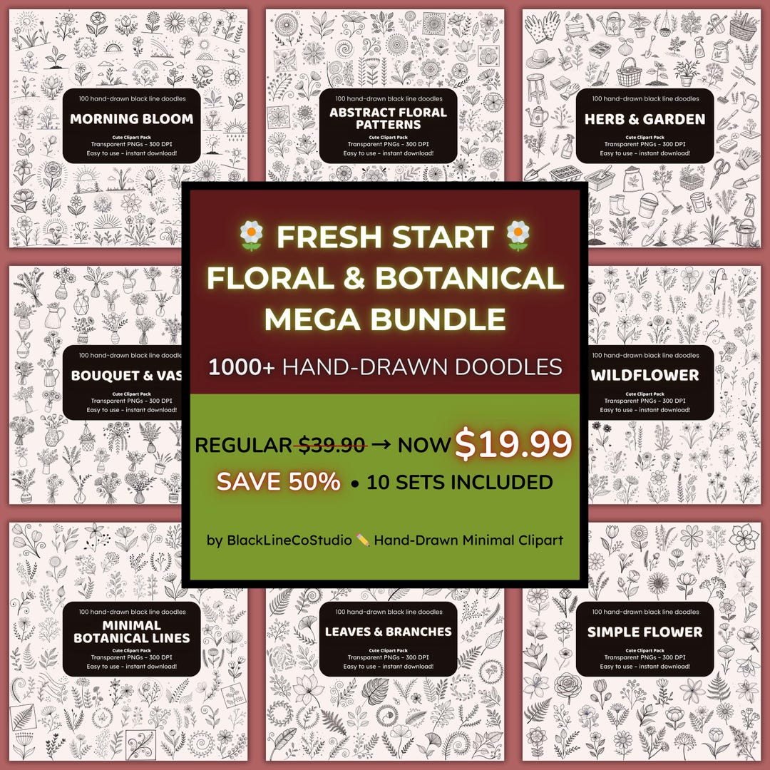 FRESH START Floral & Botanical Clipart Mega Bundle | 1000+ Hand-drawn ...
