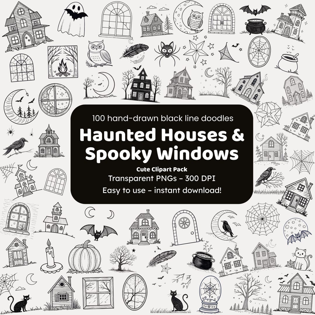 Halloween Clipart: Haunted Houses, Spooky Windows Doodles (100 Pngs) - Etsy