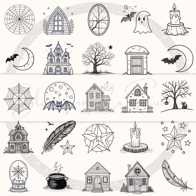 Halloween Clipart: Haunted Houses, Spooky Windows Doodles (100 Pngs) - Etsy
