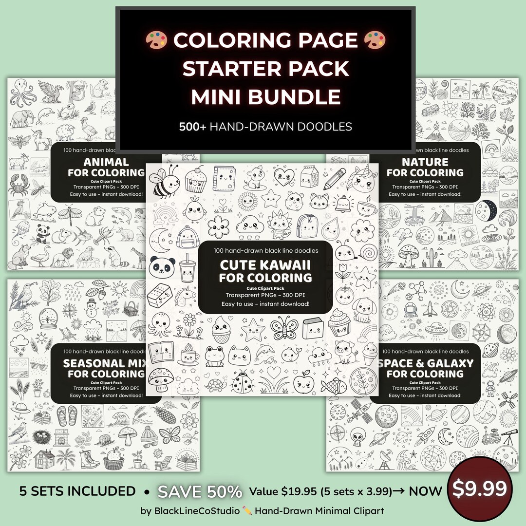 Coloring Page Starter Pack Mini Bundle | 500+ Hand-drawn Doodle Clipart ...