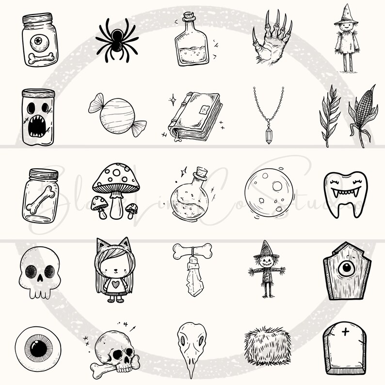 Halloween Black Line Clipart Bundle: Hand-drawn Doodles (PNG, 12x12in ...