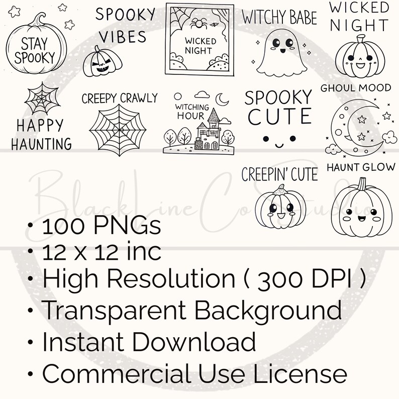 Halloween Spooky Quotes Lettering Doodle Clipart | 100 Hand-drawn PNG ...