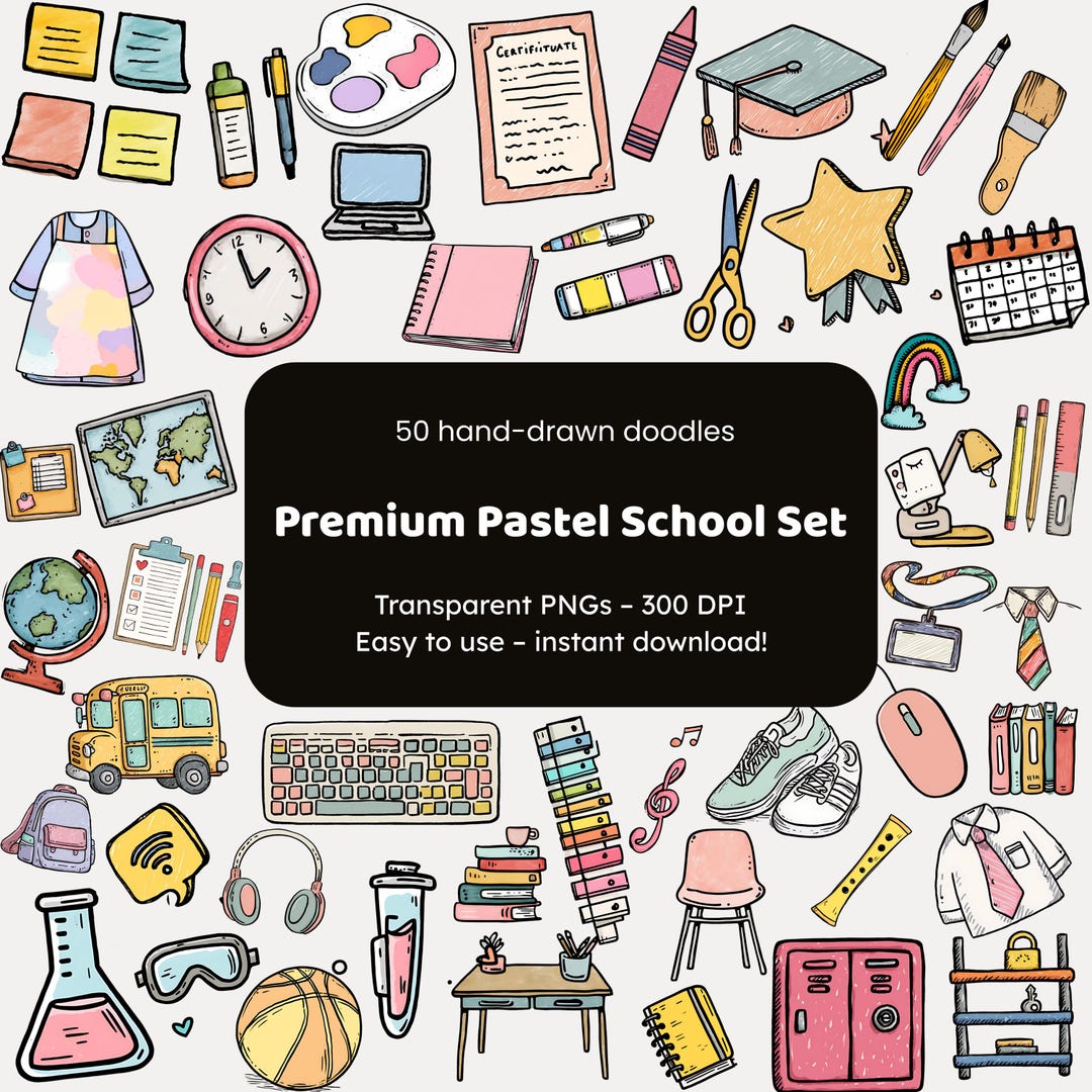 Pastel School Doodle Clipart PNG: Kawaii Stationery Icons, Planner ...
