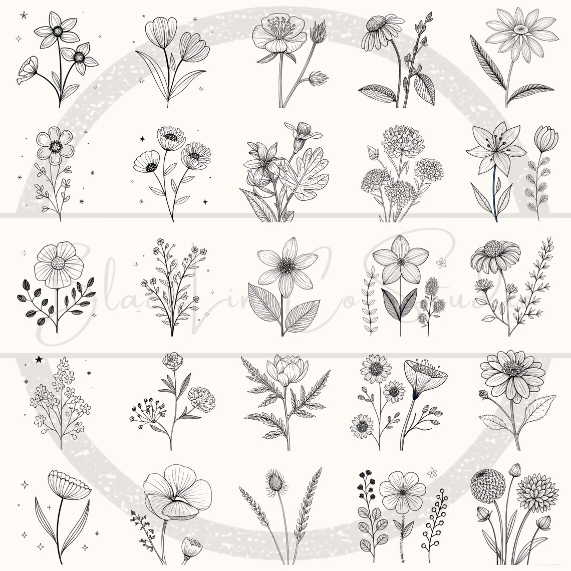 Botanical Flowers Doodle Clipart | 100 Hand-drawn PNG Icons | Black ...
