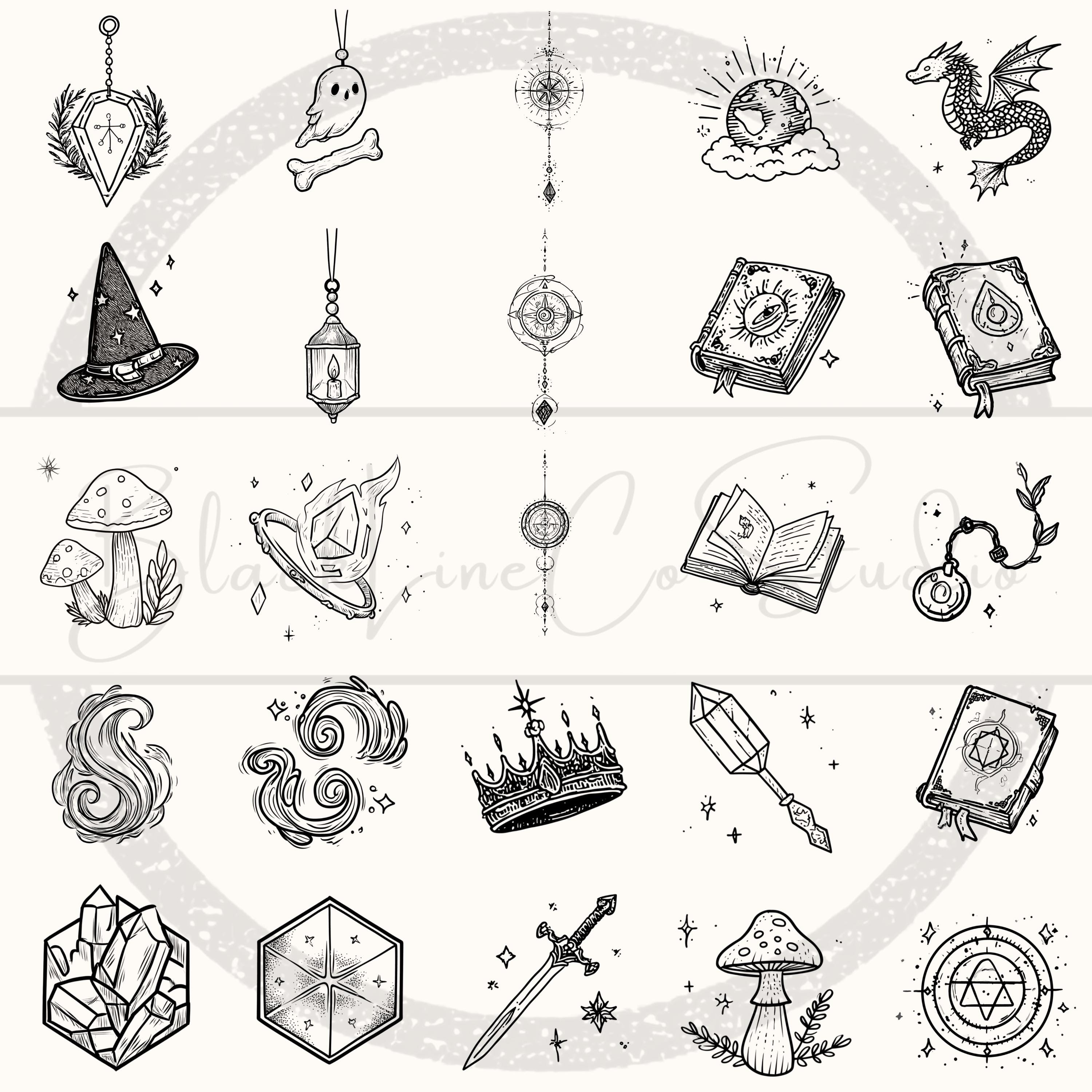 Fantasy & Magic Clipart | 100 Hand-drawn Black Line Doodles PNG | Icons ...