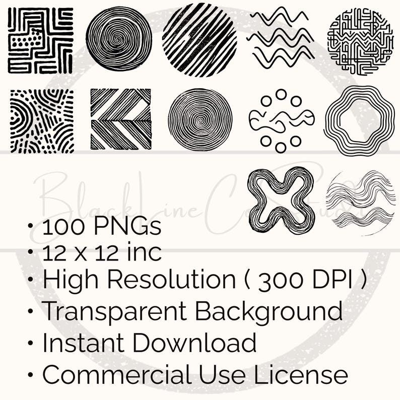 Abstract Line Art Doodles: 100 Hand-drawn Minimalist PNG Clipart (12x12 ...