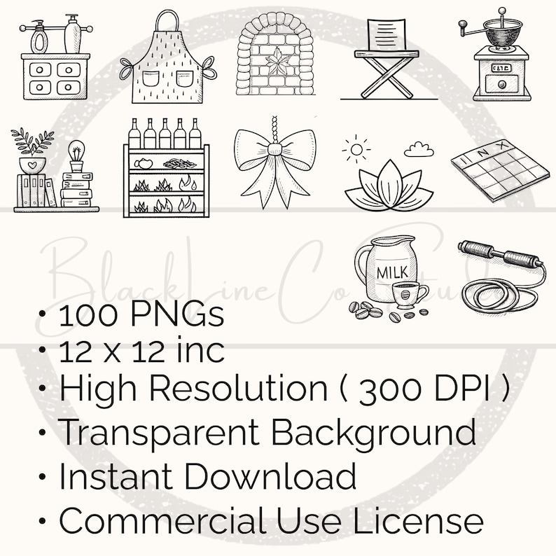 Home & Lifestyle Doodle Clipart | 100 Hand-drawn Black Line Pngs ...