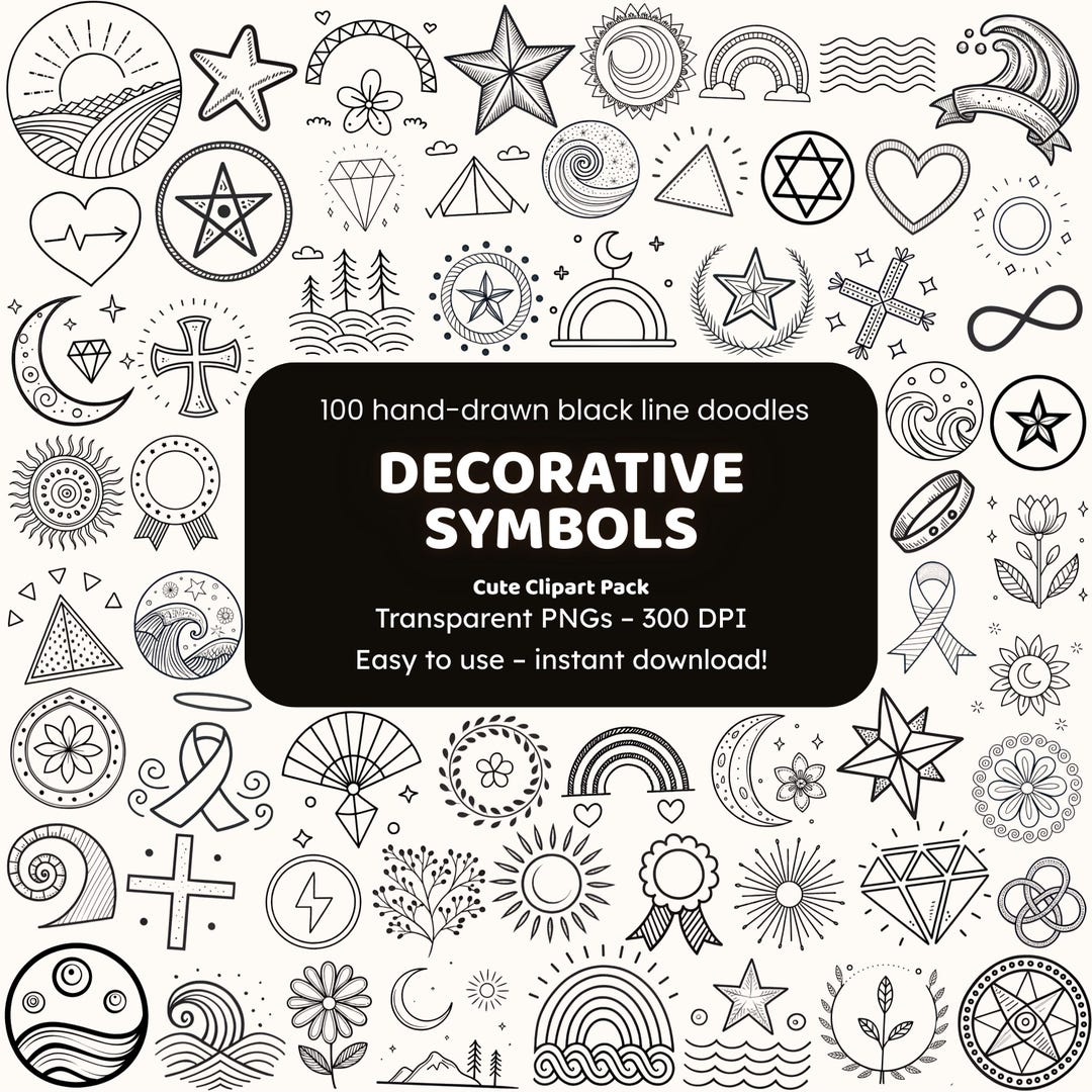 Decorative Symbols Doodle Clipart | 100 Hand-drawn Black Line Pngs ...