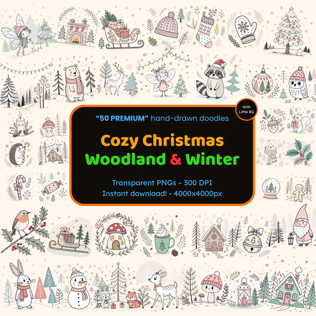 Christmas Woodland Clipart Set: Hand-drawn Winter Animals & Mushrooms ...