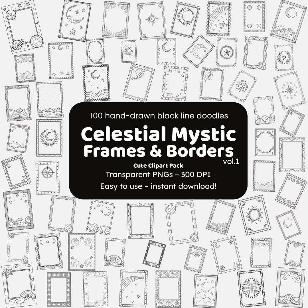 Celestial Frames and Borders Clipart: Hand-drawn Doodle Pngs (digital ...