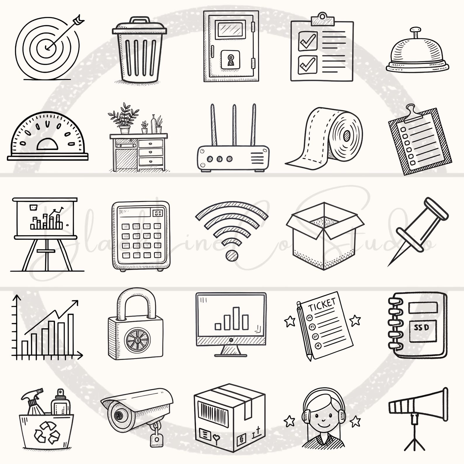 Office & Work Doodle Clipart | 100 Hand-drawn Black Line Pngs | Icons ...