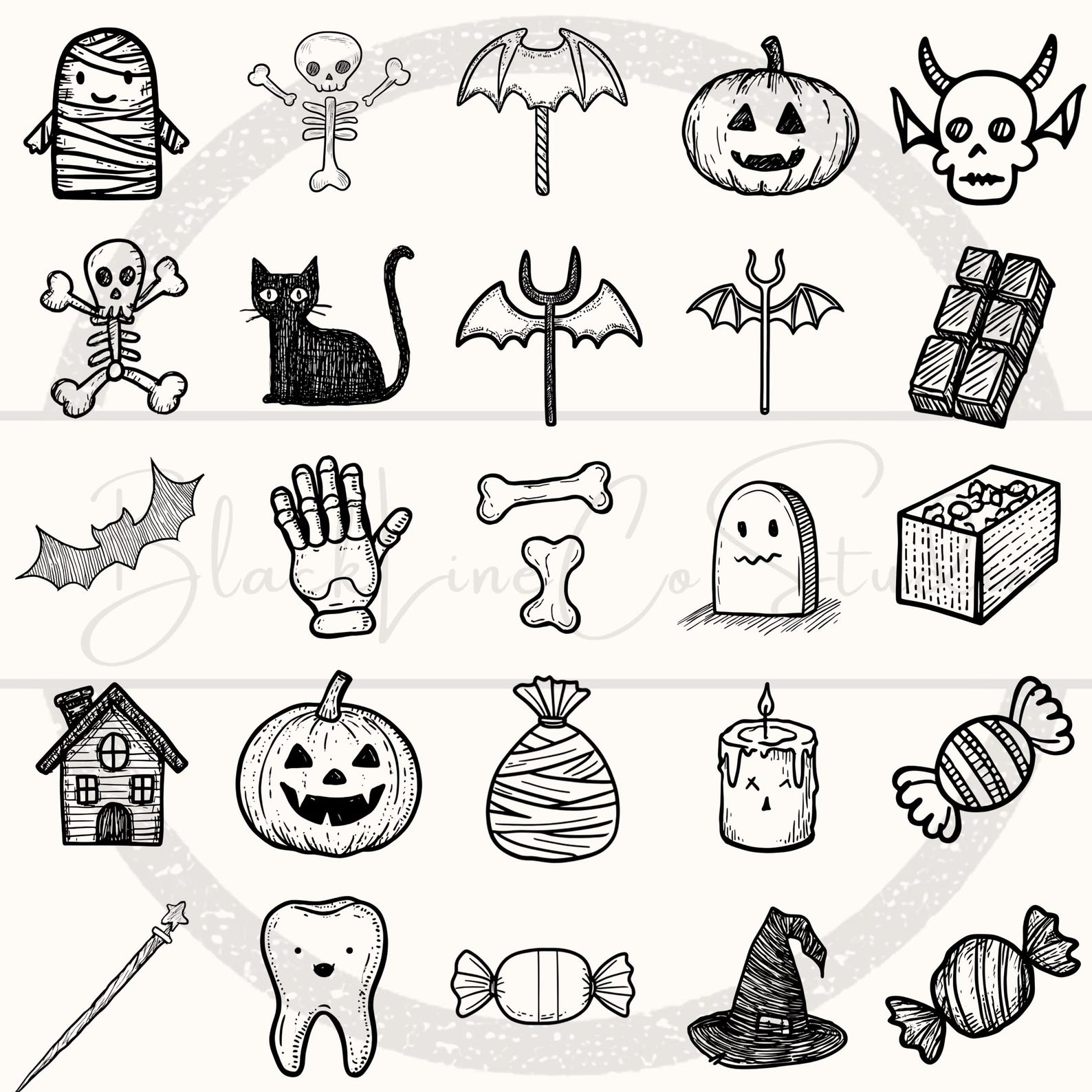 Halloween Costume Doodles Clipart: 100 Black Line Pngs (commercial Use ...