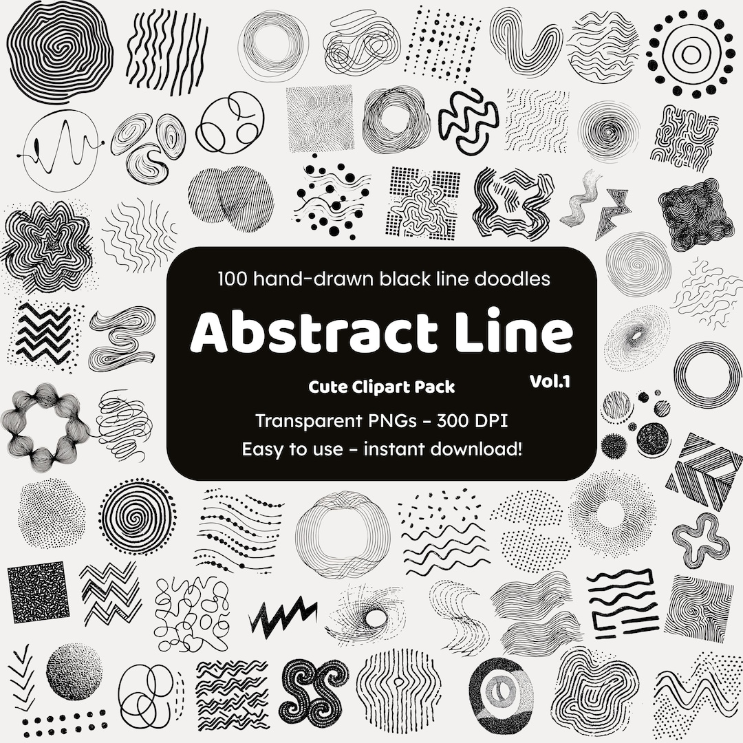 Abstract Line Art Doodles: 100 Hand-drawn Minimalist PNG Clipart (12x12 ...