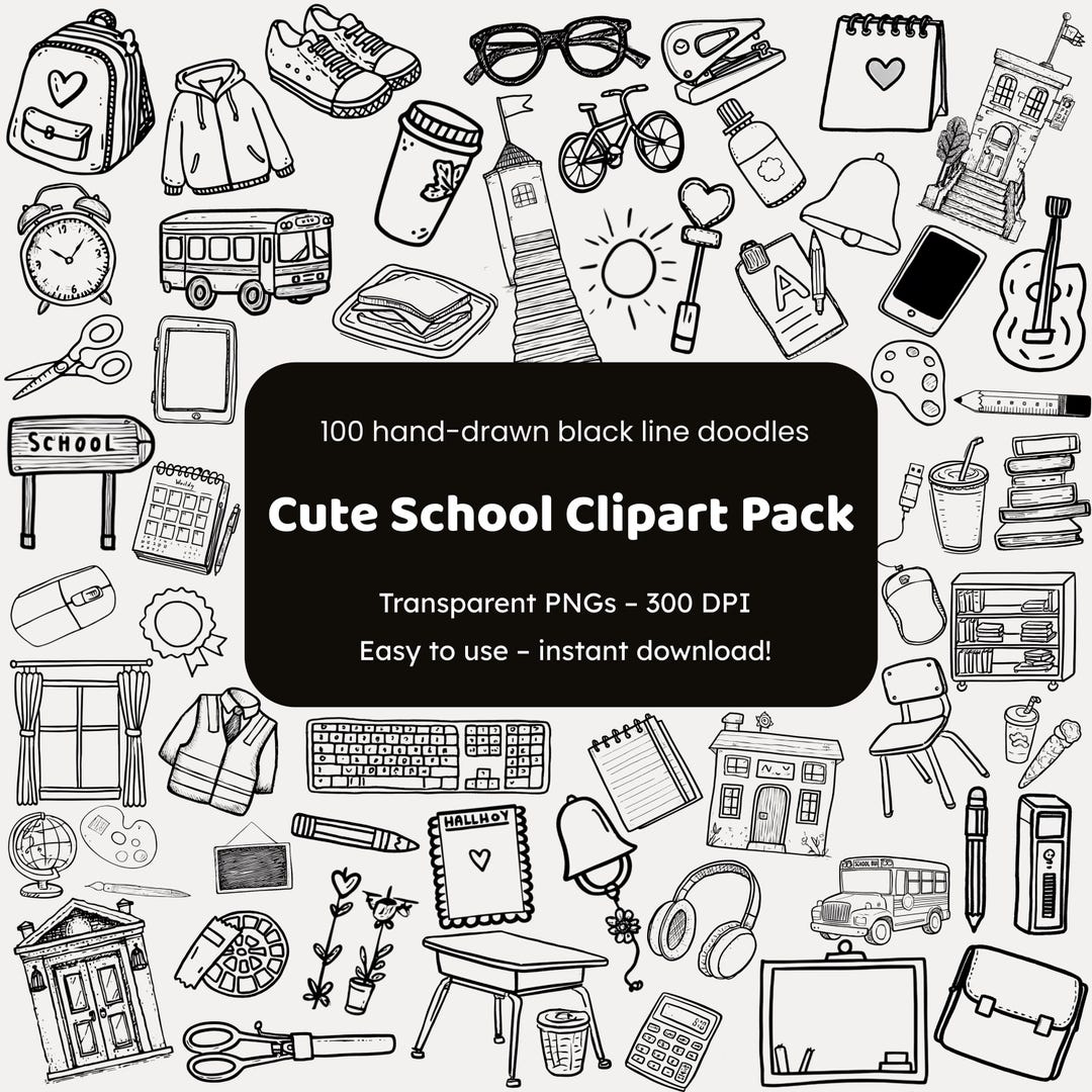 100 Back to School Doodle Clipart PNG | Black Line Hand Drawn Icons ...